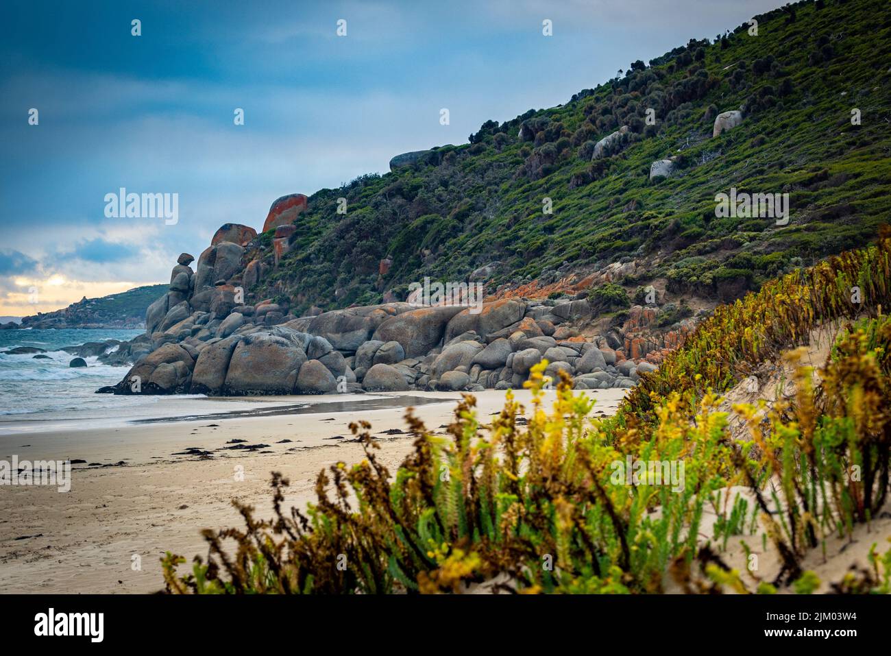 A scenic view of a rocky beach at Whiskey Bay, Wilsons Promontory ...