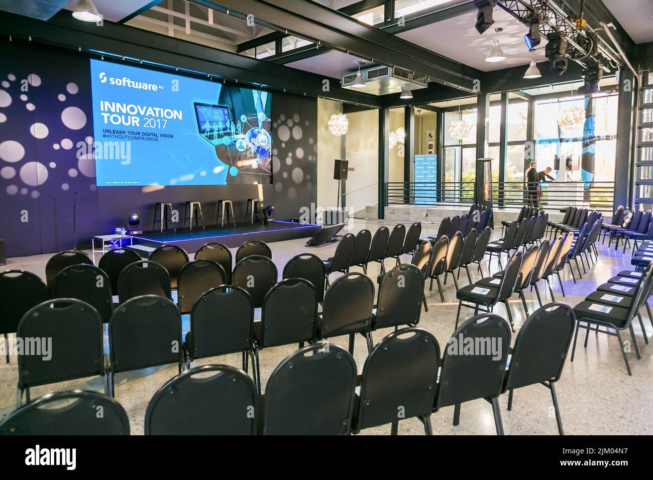 The interior with stage and chairs of the "Innovation Tour 2017 ...