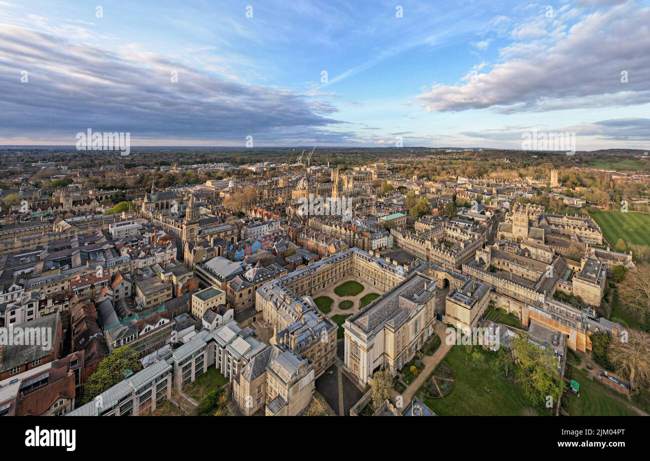 Aerial panorama of Oxford University, England, UK with clear and cloudy ...