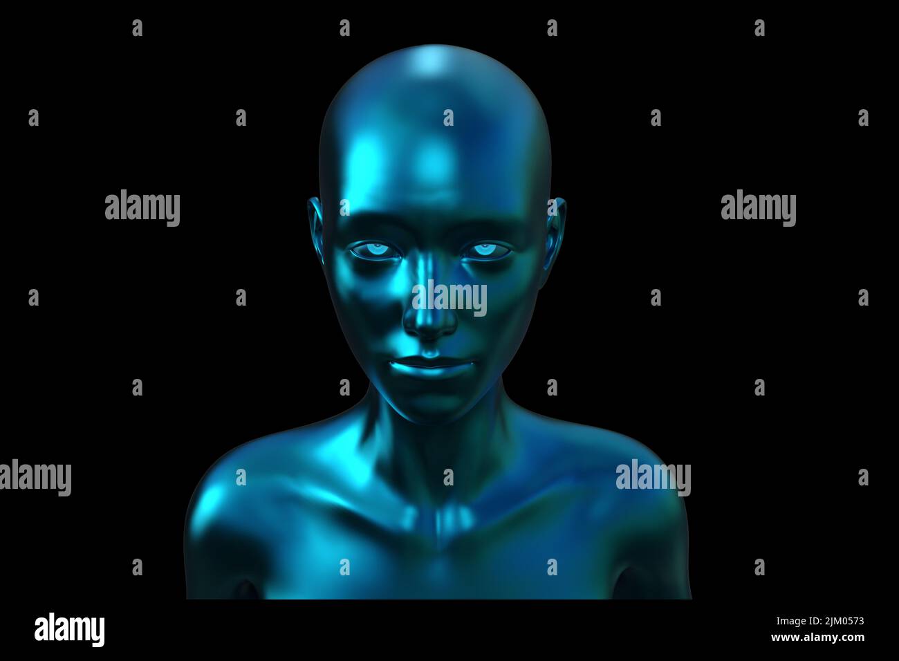 3d illustration. Portrait of a blue bald woman on a black background ...