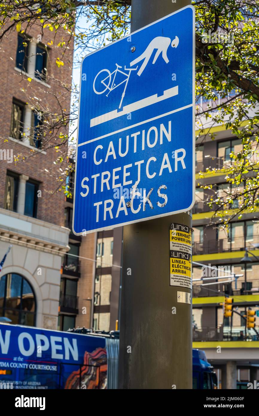 Tucson, AZ, USA - March 12, 2022: A Streetcat Tracks warning sign Stock ...
