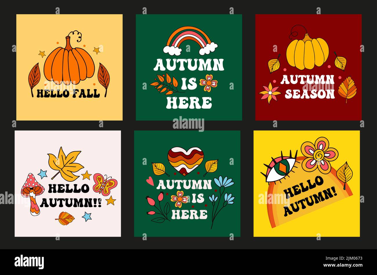 Retro 70s card with written Hello Autumn. Fall and harvest time ...