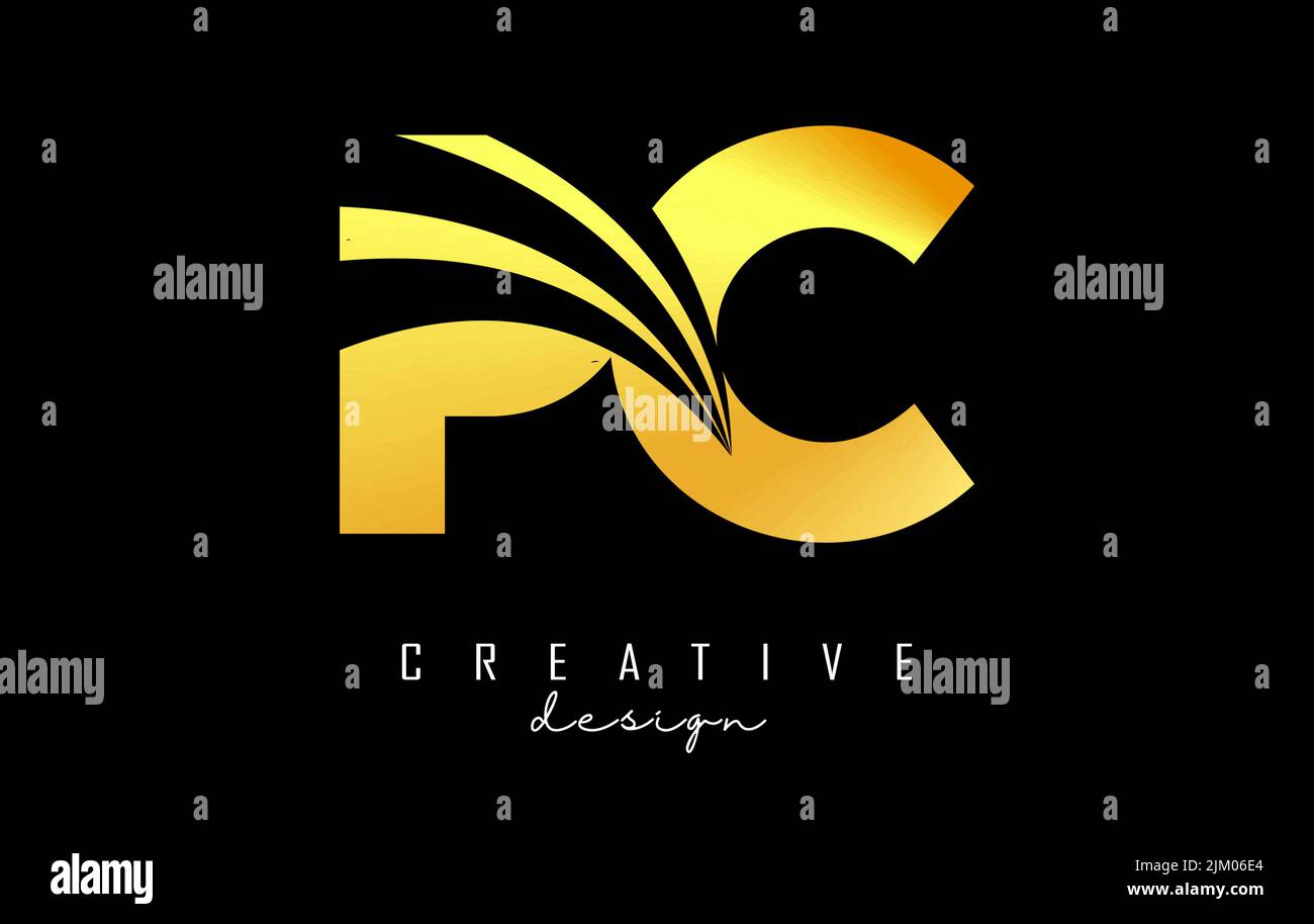 Creative golden letter PC p c logo with leading lines and road concept ...