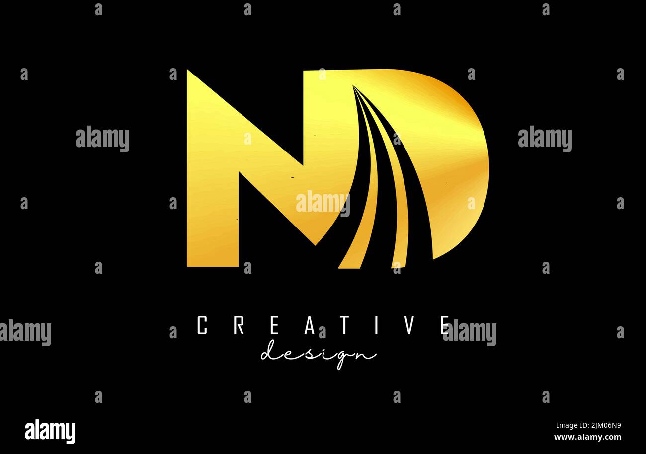 Creative golden letter ND n d logo with leading lines and road concept ...