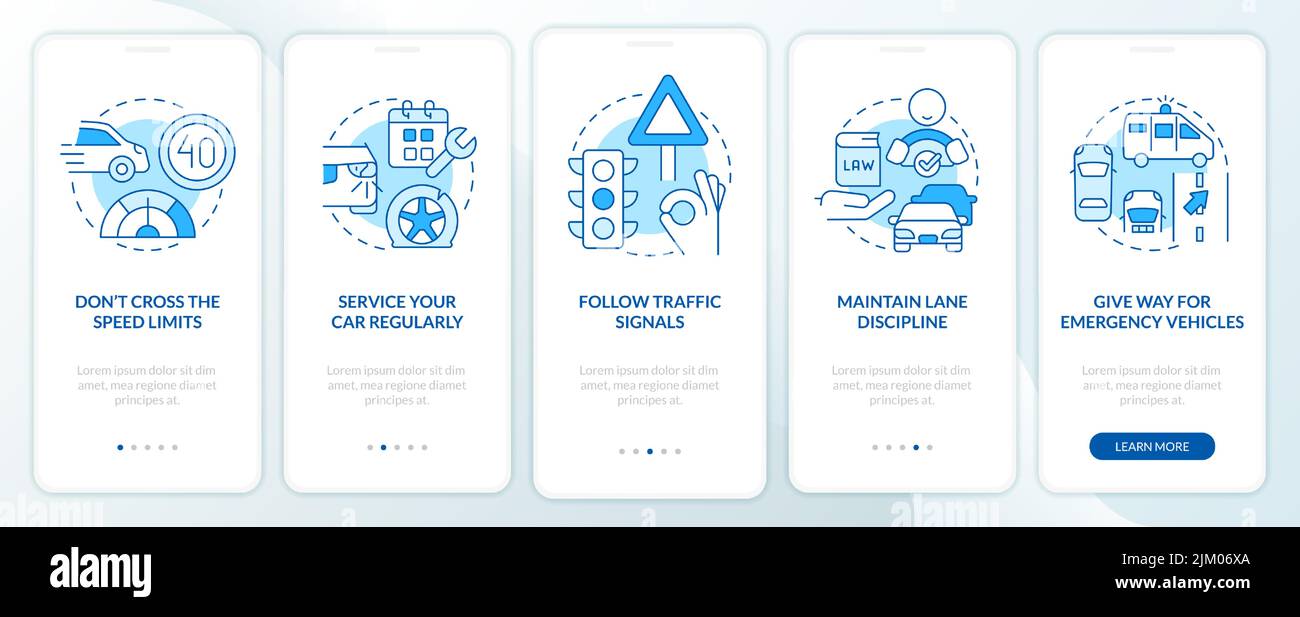 Common driving safety rules blue onboarding mobile app screen Stock ...