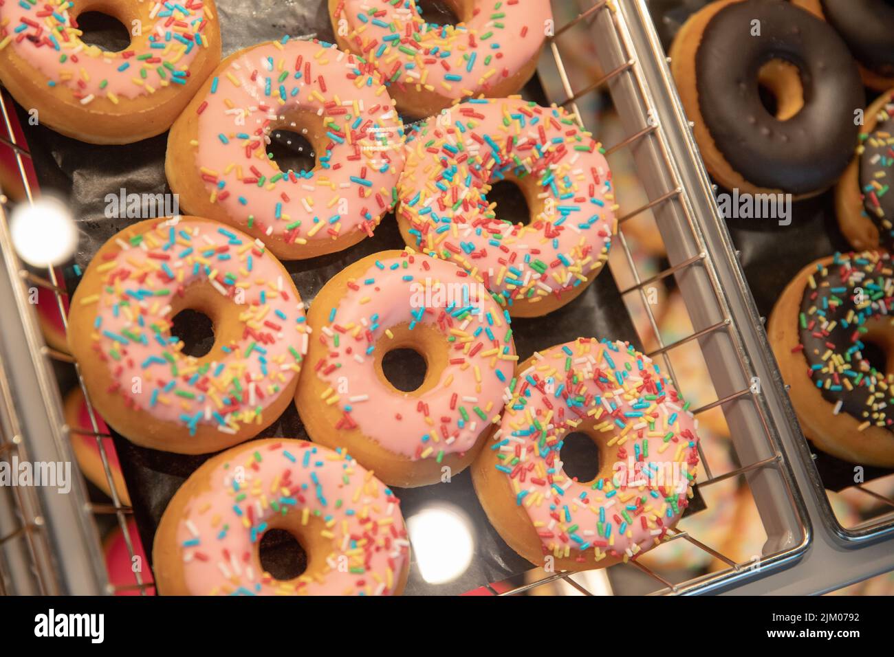 A closeup of sweet donuts on the shelf at a pastry store with pink ...