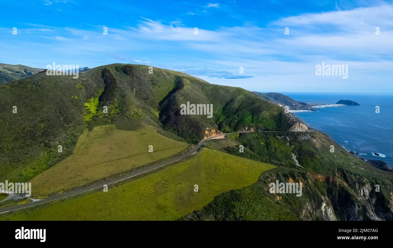 An aerial view of Big Sur Hurricane Point with Point Sur in the ...