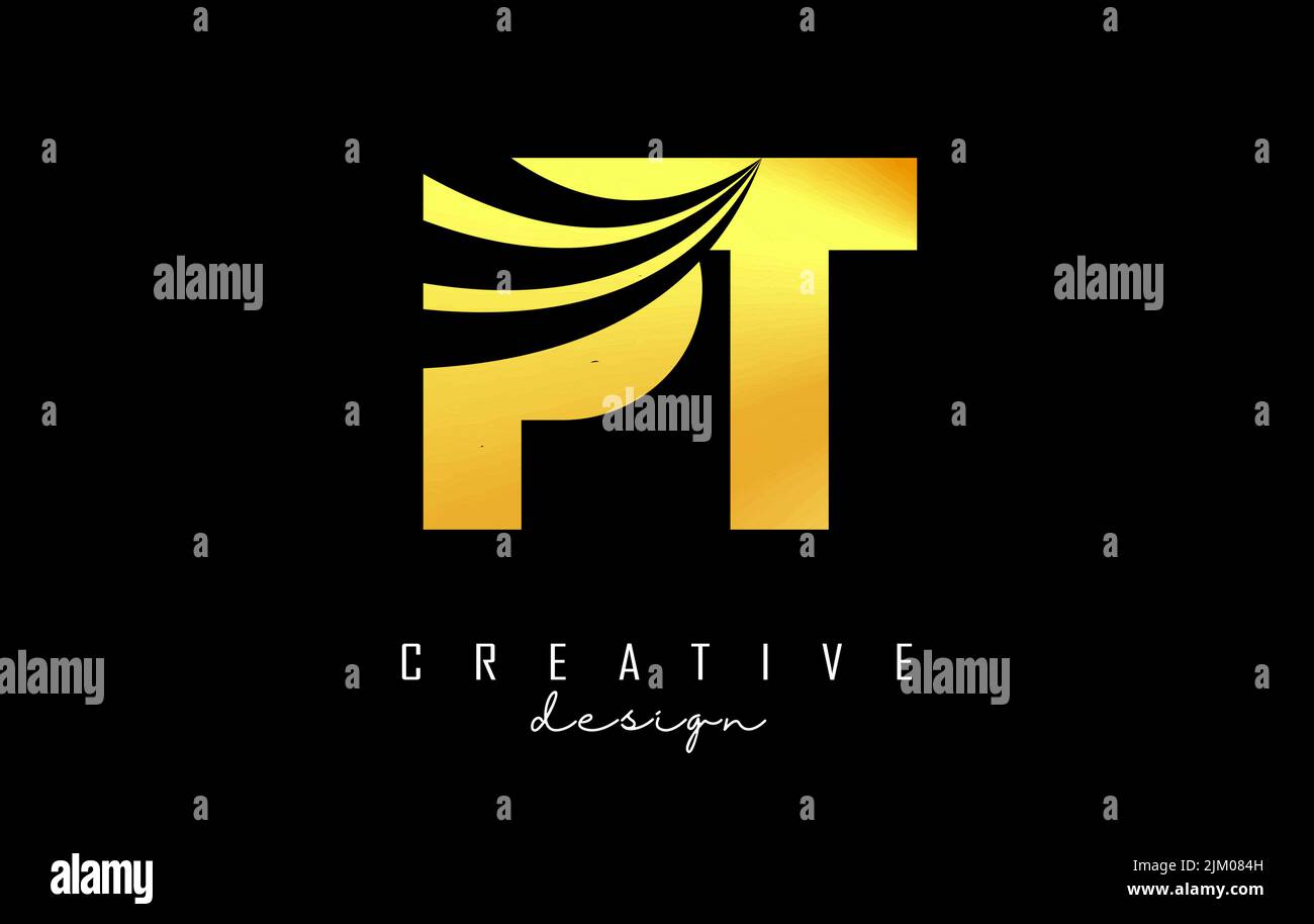 Creative golden letter PT p t logo with leading lines and road concept ...