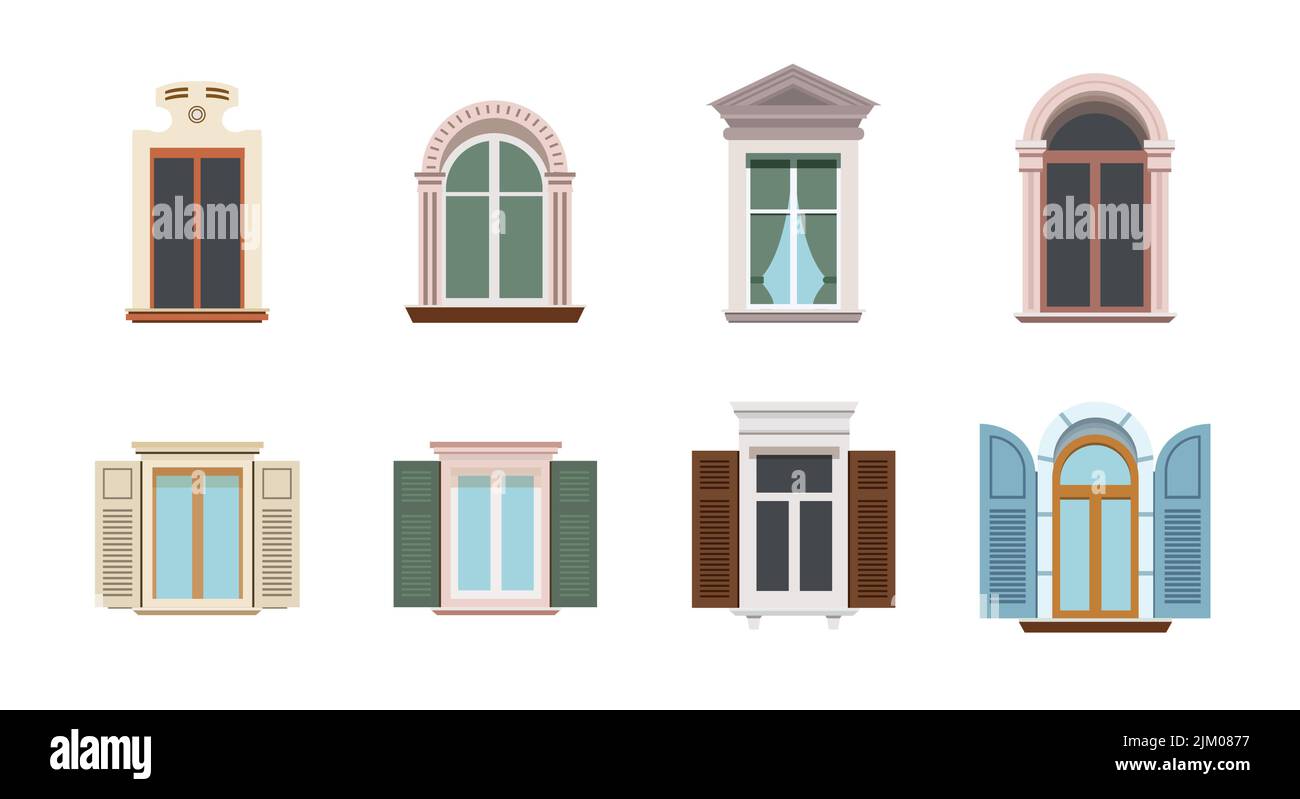 Big set of different windows. City windows in retro style. Isolated on ...