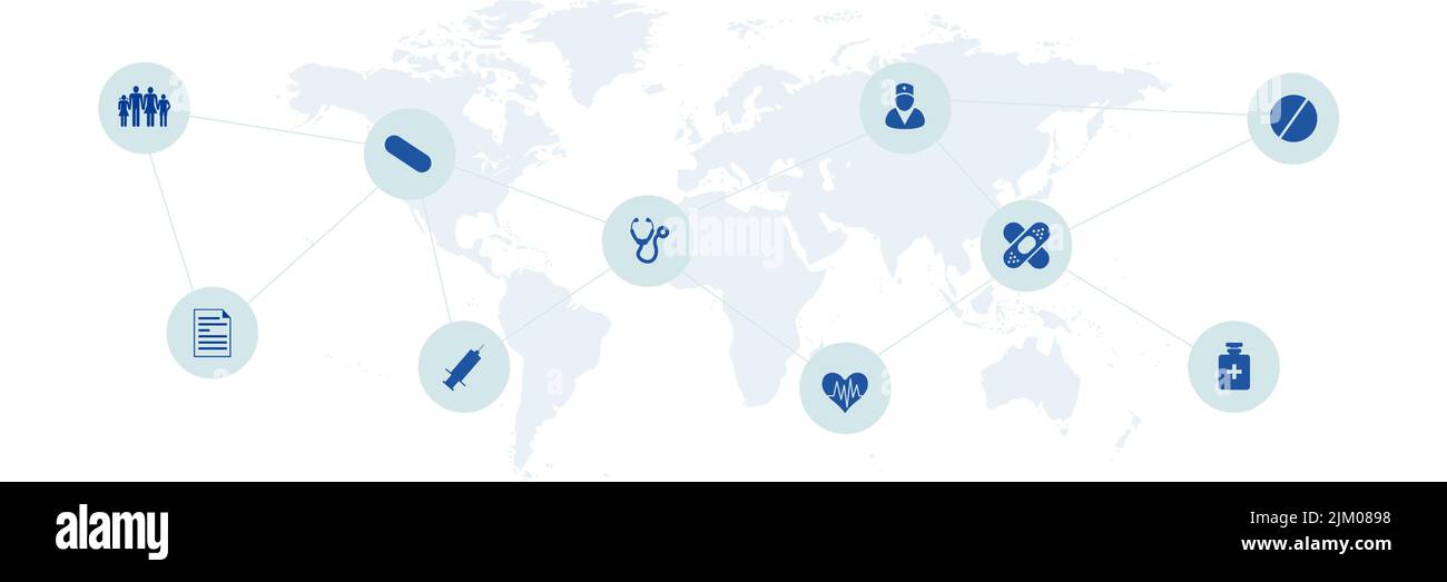 An illustration of medical icons on a world map background-global ...