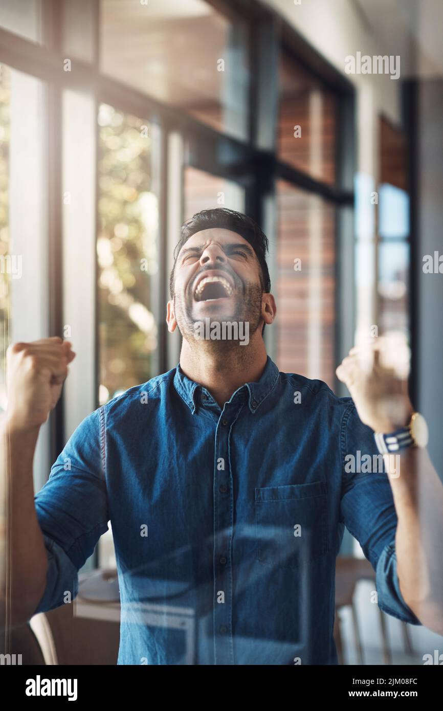 Celebrating, winning and excited businessman with fist pump gesture and ...