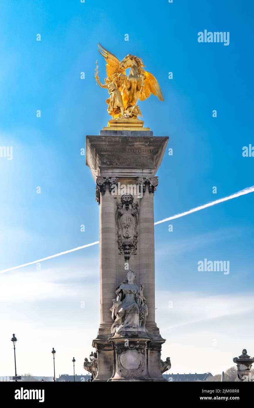 Paris, the Alexandre III bridge on the Seine, gilt bronze statue on the ...