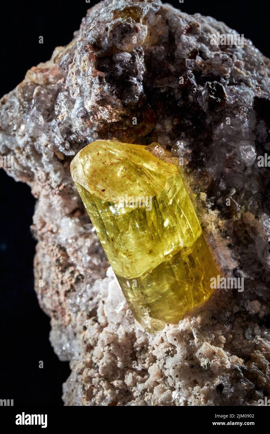 A vertical closeup of a rare mineral row uncut yellow crystal Stock ...