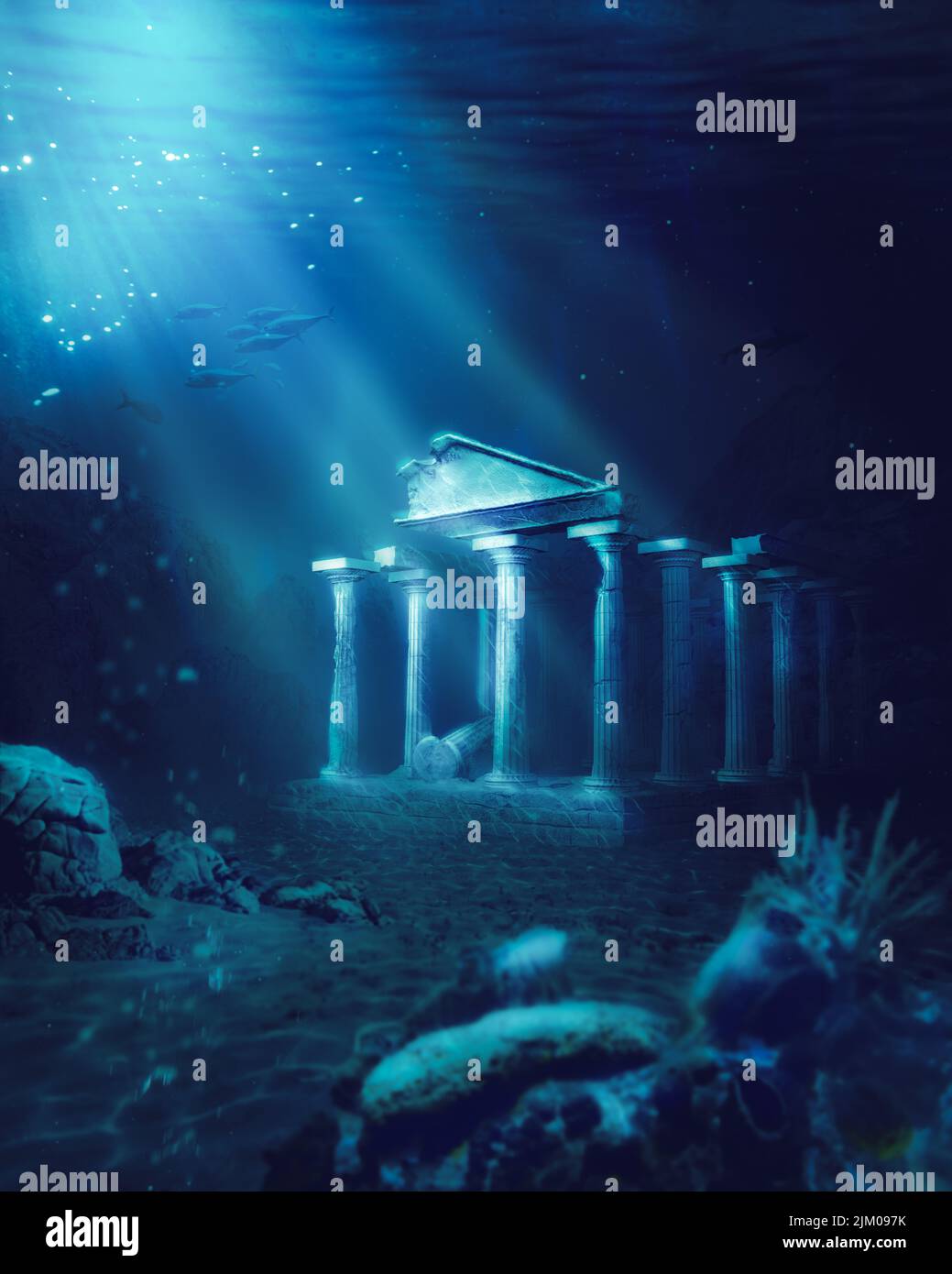 3D illustration based on the legend of the lost city of Atlantis ...