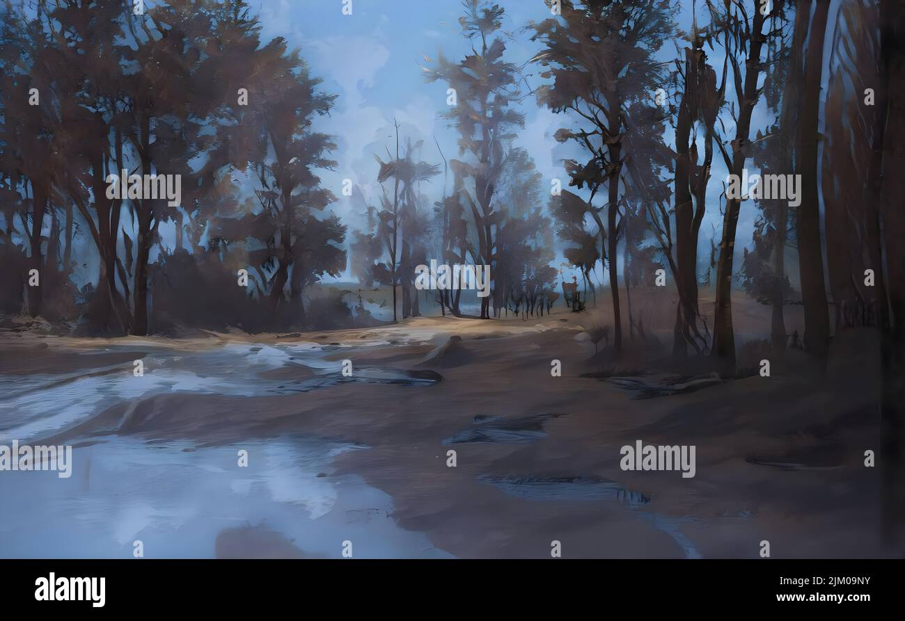 An illustration of a painting of a rocky field surrounded by tall trees ...