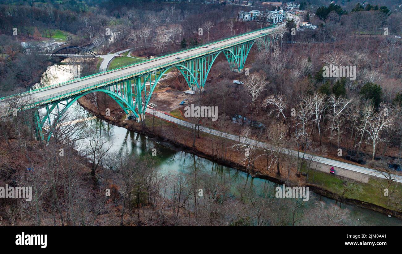 An aerial view of a bridge on the river at daytime Stock Photo - Alamy