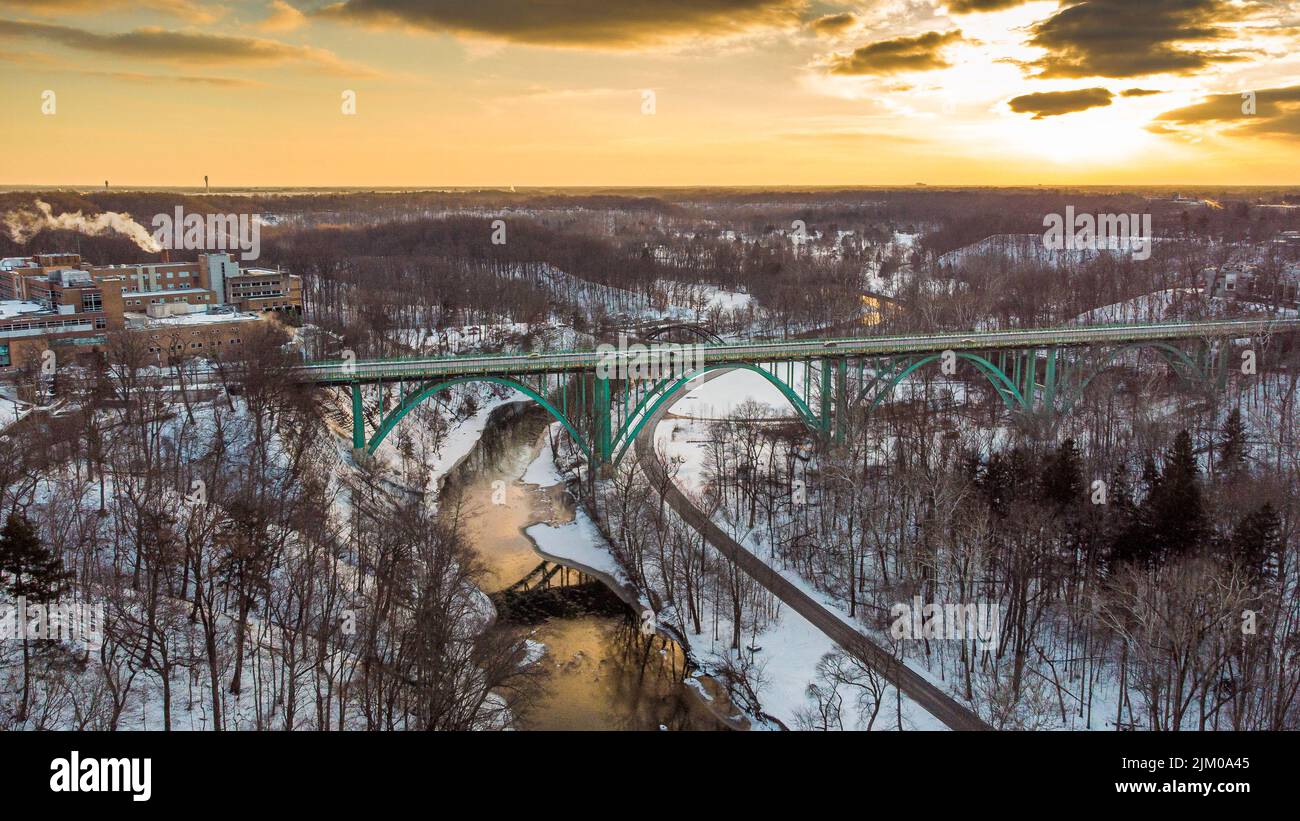 An aerial view of a bridge on the river at daytime Stock Photo - Alamy