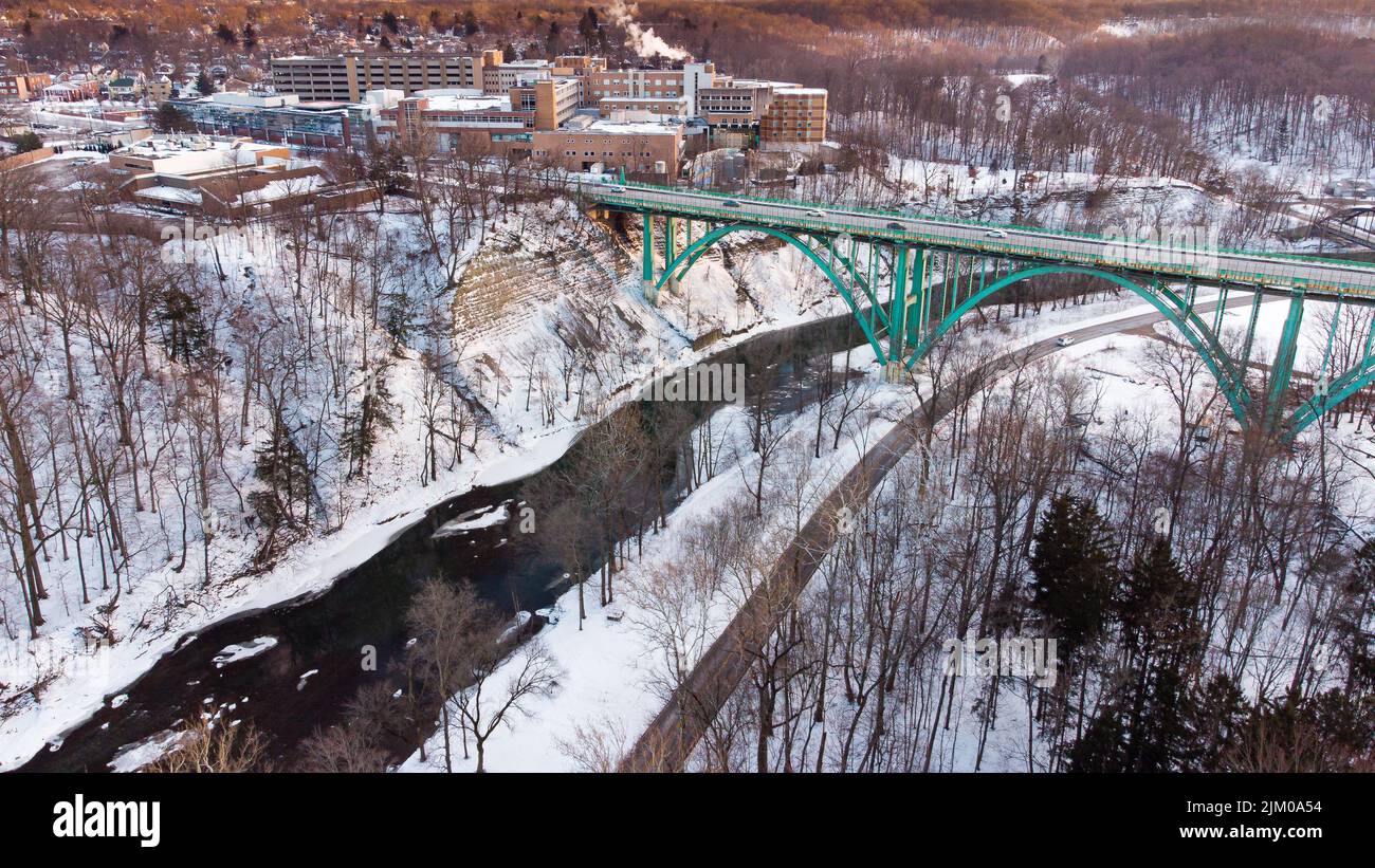 An aerial view of a bridge on the river at daytime Stock Photo - Alamy