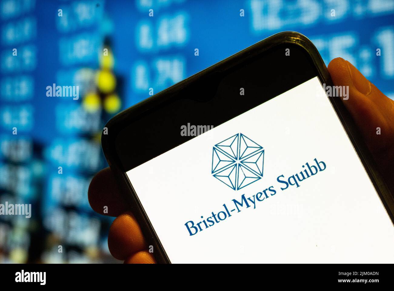 In this photo illustration, the American pharmaceutical company Bristol-Myers Squibb logo is ...