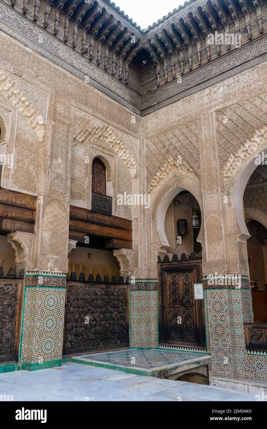 Mosque interior courtyard Bou Inania Mosque in the old medina of Fes ...
