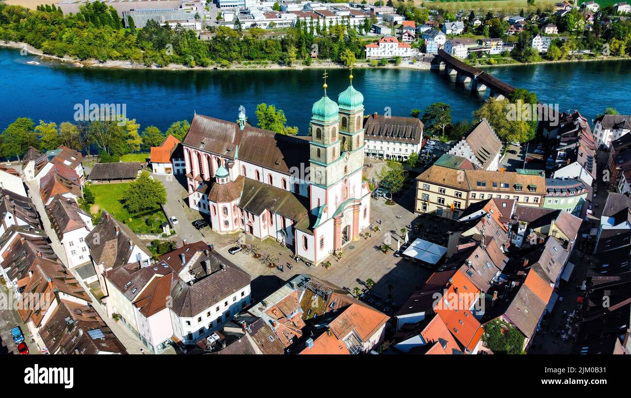 An aerial view of Bad Sackingen rural town with the church of St ...