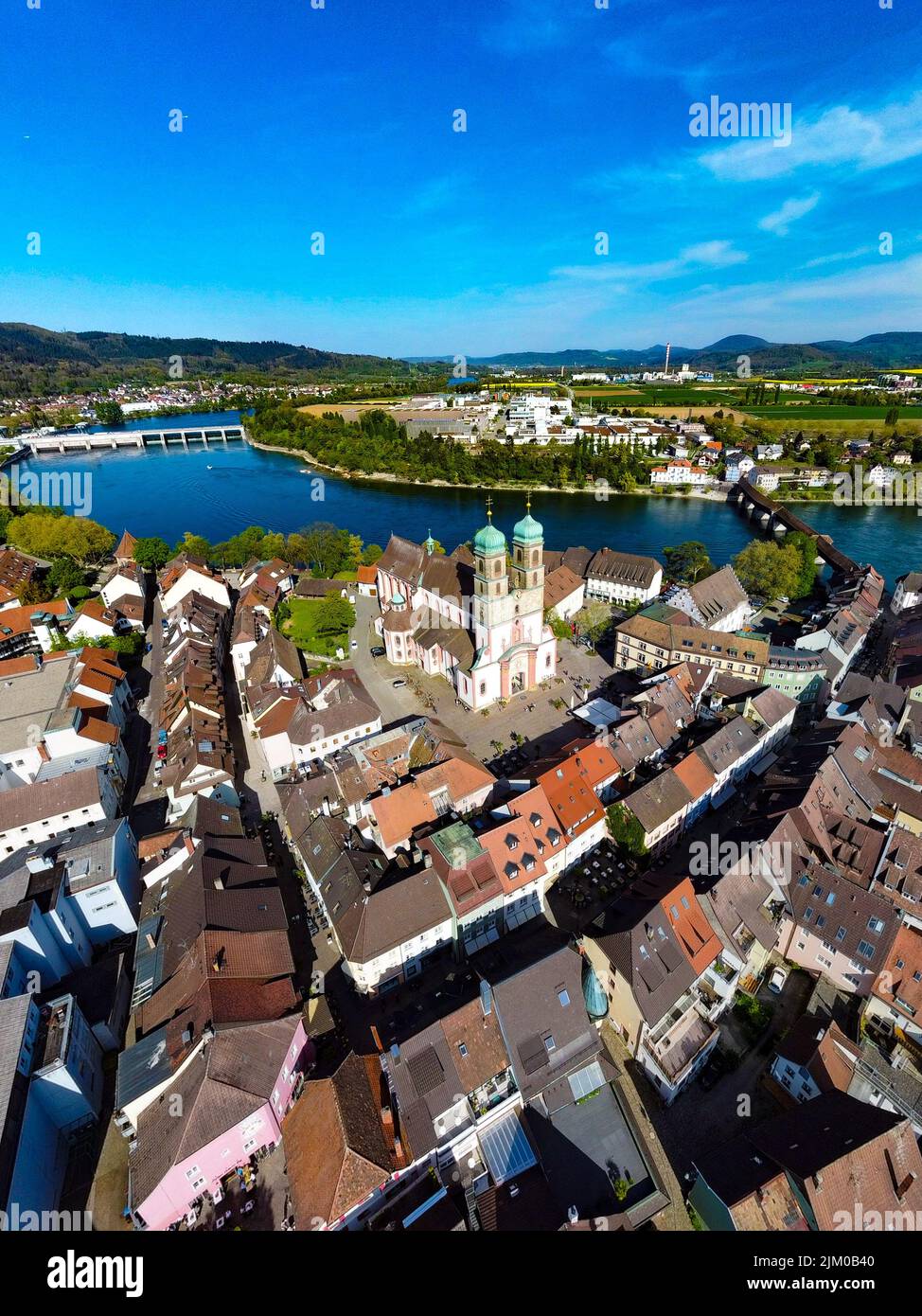 An aerial view of Bad Sackingen rural town with the church of St ...