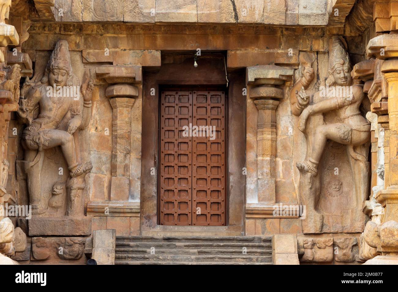 Door of Brihadeshwara Temple with Guardians or Dwarpalas on both sides ...