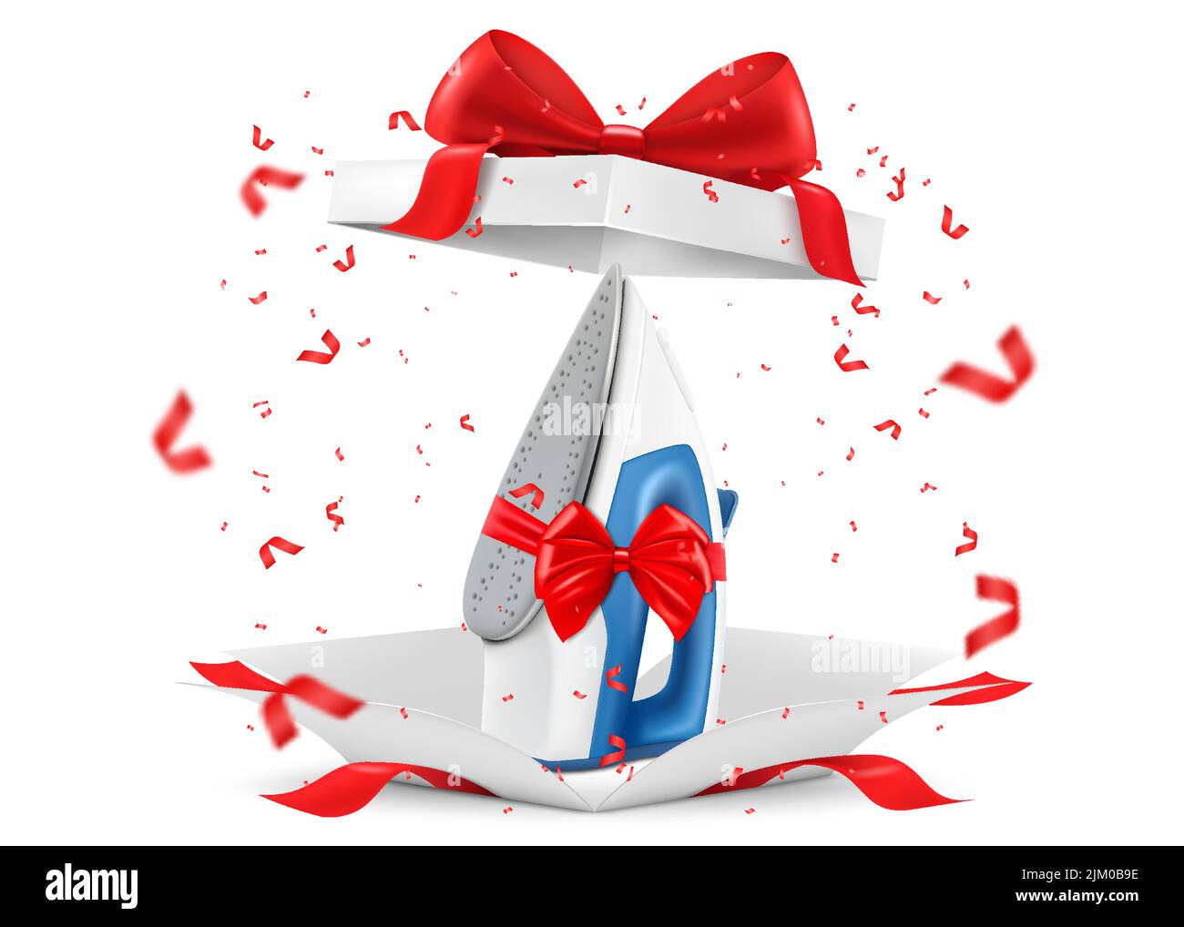 Iron with red ribbon and bow inside open gift box. 3D rendering. Gift ...