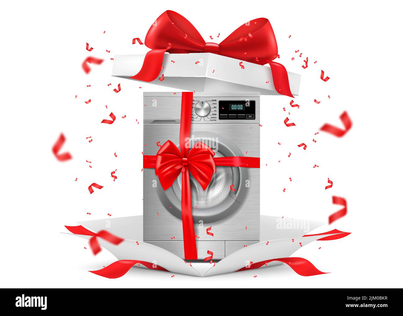 Washing machine with red ribbon and bow inside open gift box. Gift ...