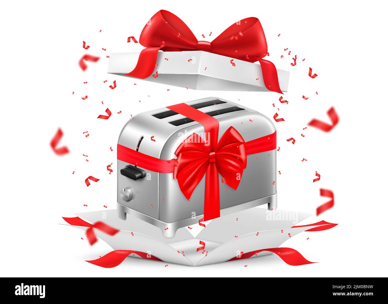 Toaster with red ribbon and bow inside open gift box. Gift concept ...