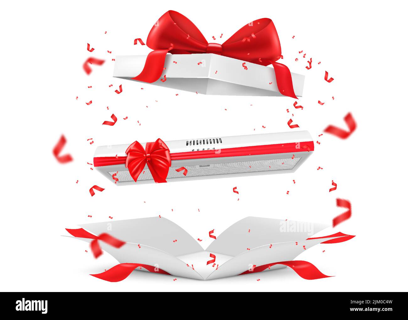 Kitchen hood with red ribbon and bow inside open gift box. Gift concept ...