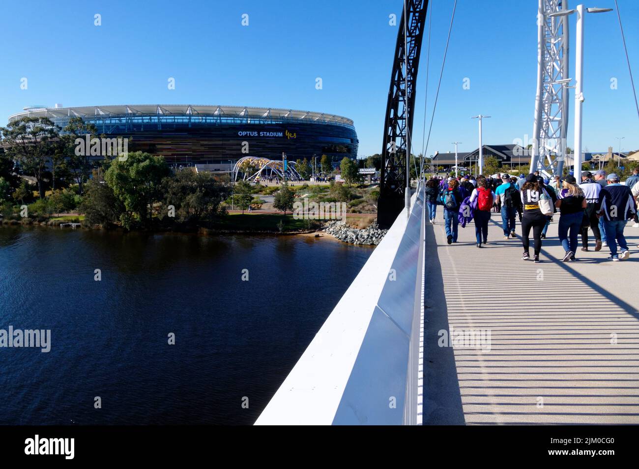 Matagarup pedestrian bridge crossing over the swan river with Perth ...