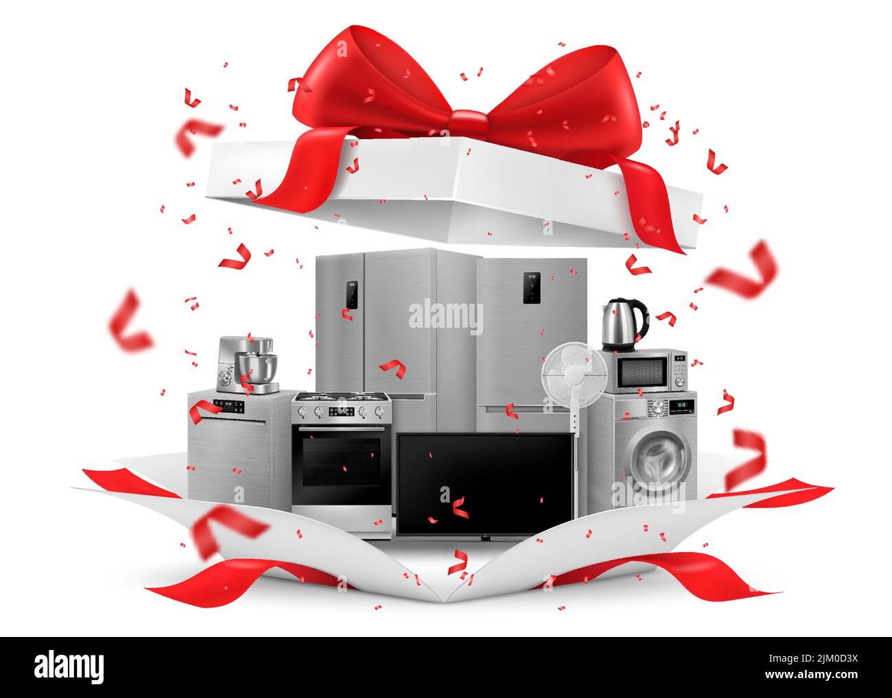 Gift concept, home appliances inside gift box. Refrigerator, microwave ...