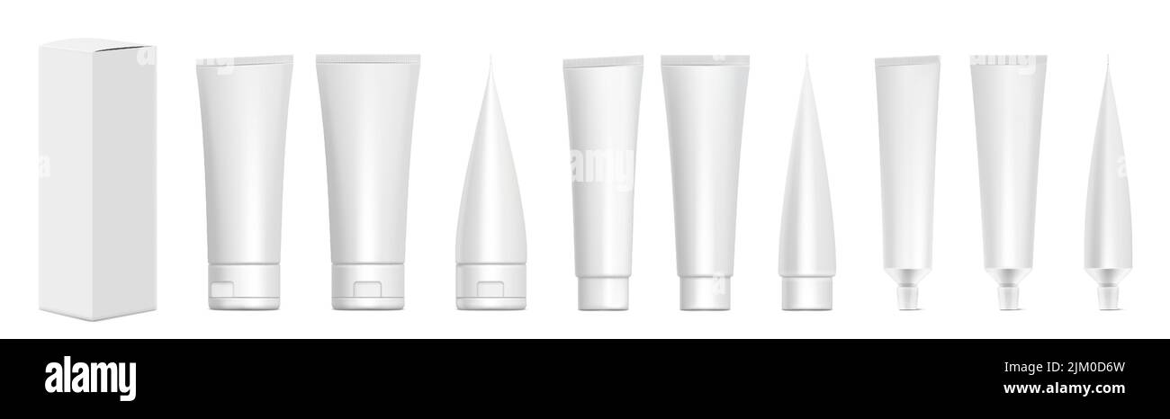 Realistic tubes with box. White plastic tubes for toothpaste, cream ...