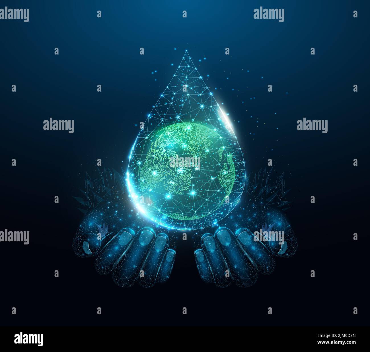 Two human hands are holds Planet Earth in water drop. World water day ...