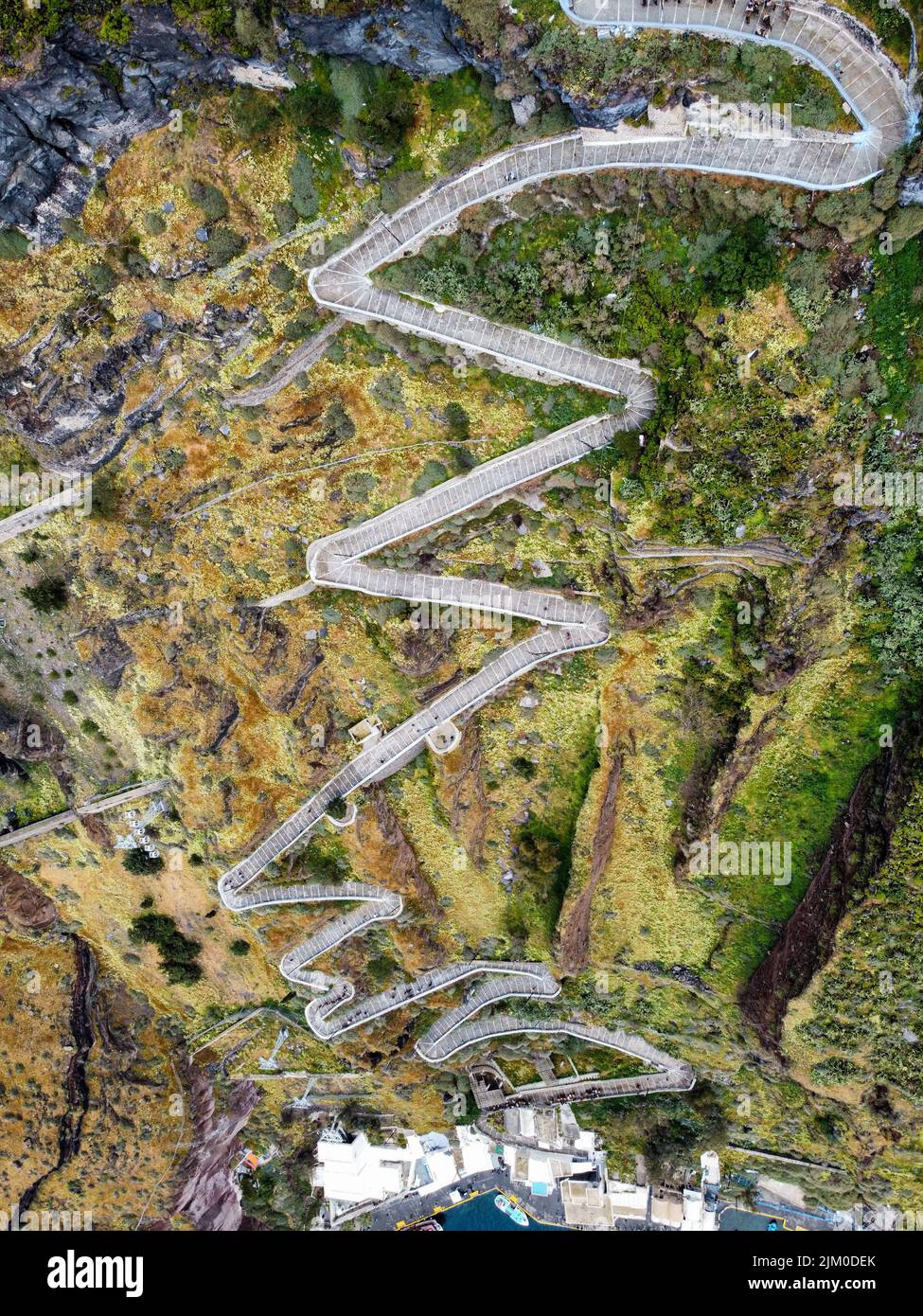 An aerial view of a winding pathway on the Santorini Mountain Stock ...