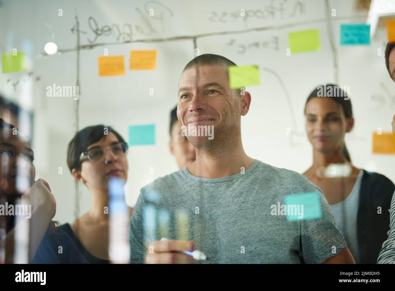 Innovation, planning and strategy at work with group of business people ...