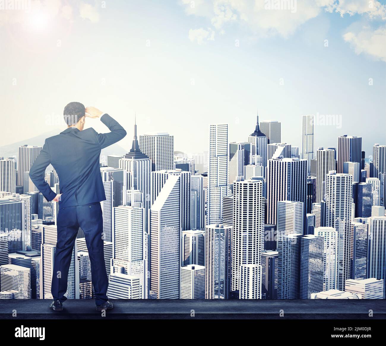 Business man looking at cgi, digital and artificial buildings while ...