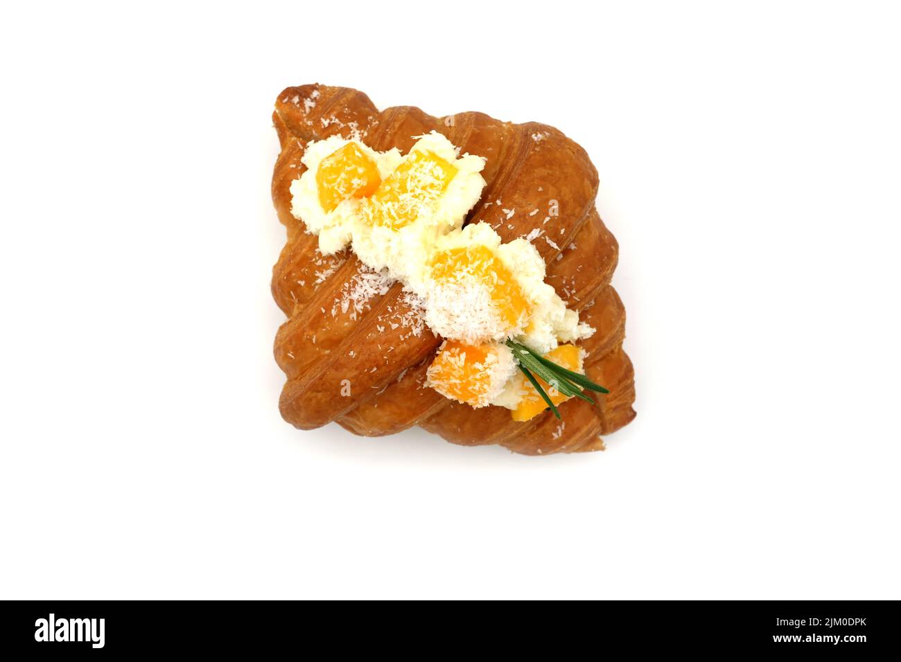 A top view of a delicious croissant with fruit topping isolated on ...
