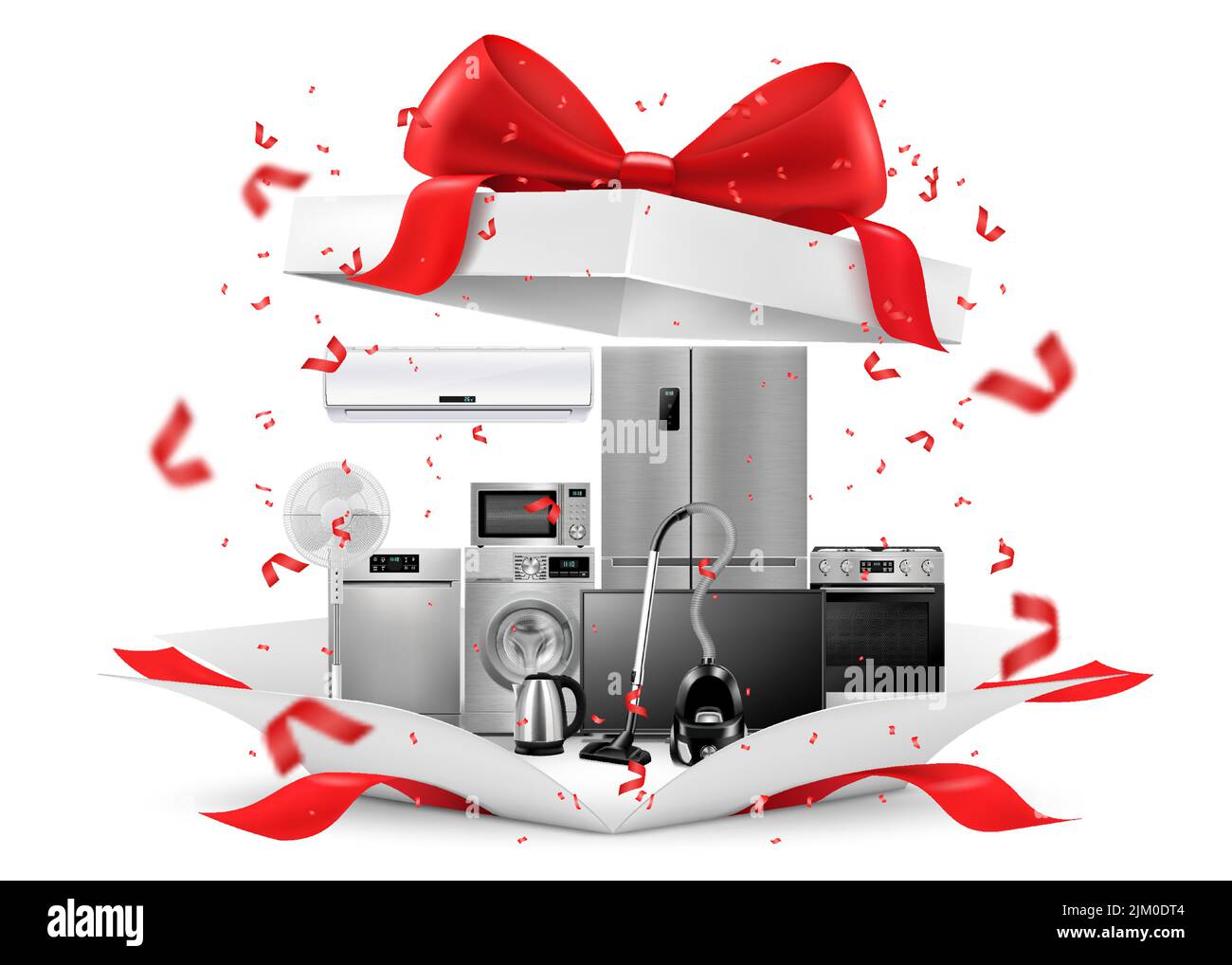 Gift concept, home appliances inside gift box. Refrigerator, microwave ...