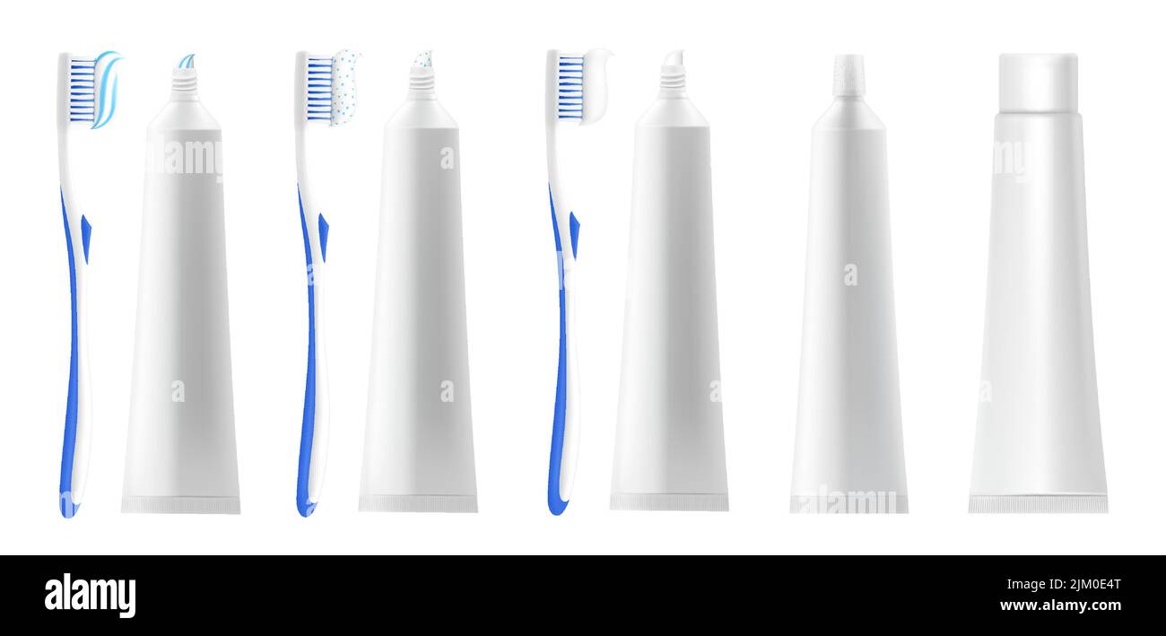 Toothbrush, toothpaste tube isolated on white background. Template mock ...