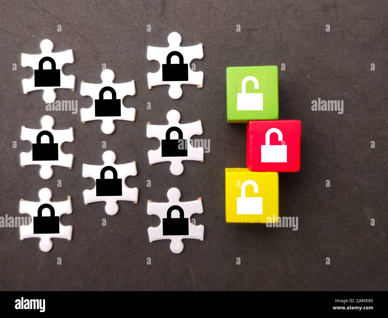 Puzzle and colored cube with lock and unlock icons. safety and security ...