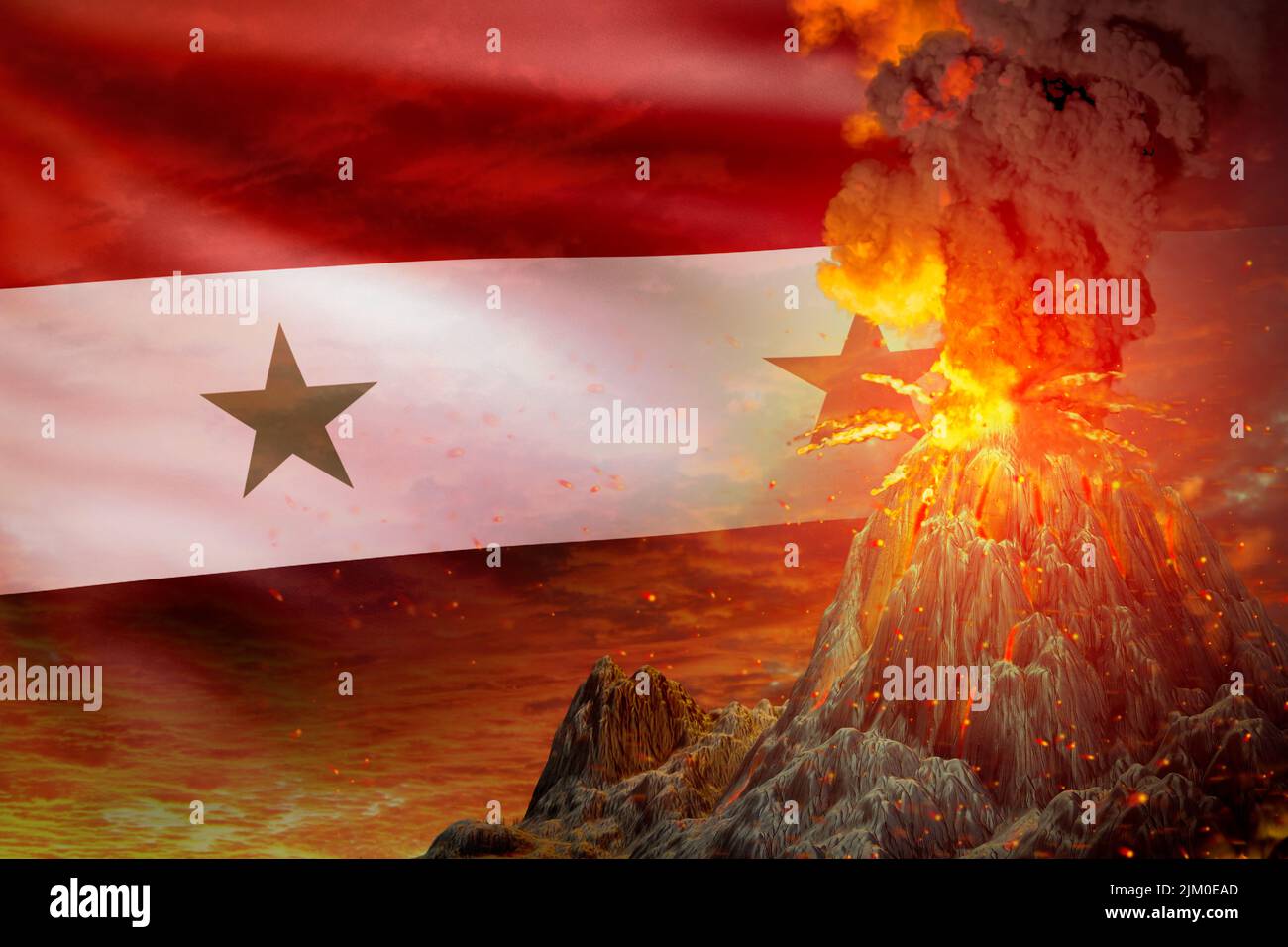 conical volcano eruption at night with explosion on Syrian Arab ...