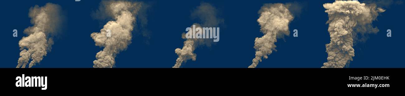 5 dirty carbon dioxide smoke columns from factory on blue, isolated ...