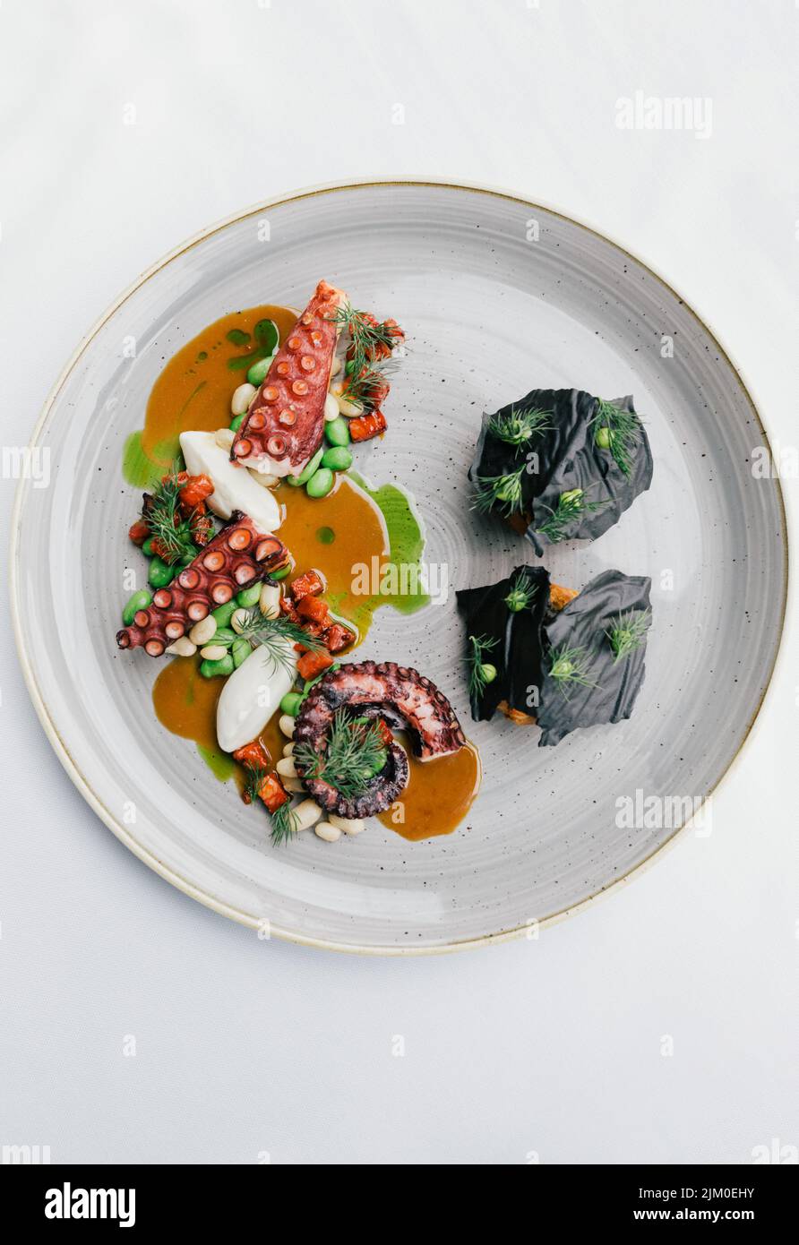 A vertical top view of a gourmet octopus dish on a white background ...
