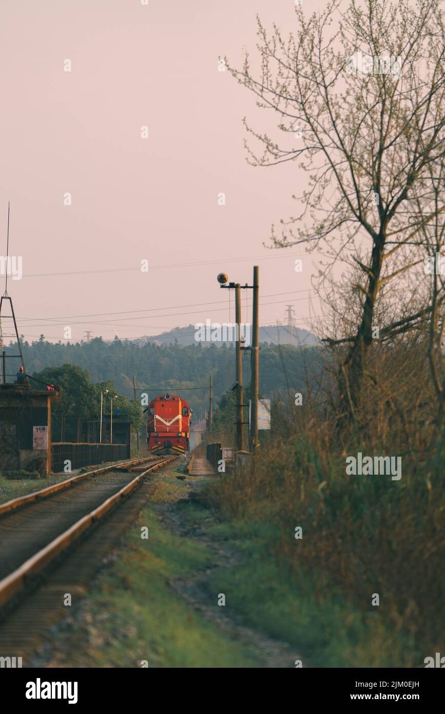 A scenic shot of a moving orange train on a railroad surrounded by ...