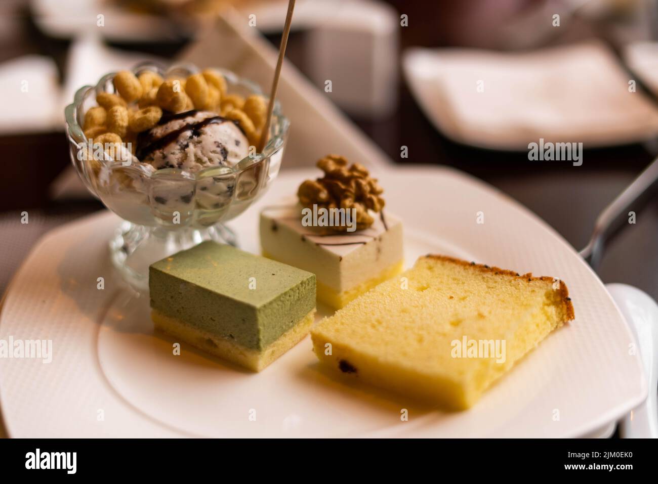 A shallow focus shot of different types of dessert on a plate with ice ...