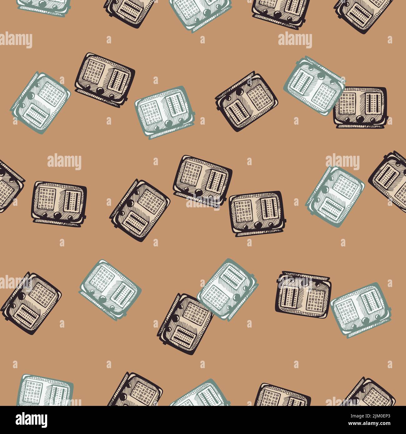 Retro radio engraved seamless pattern. Vintage media equipment in hand ...