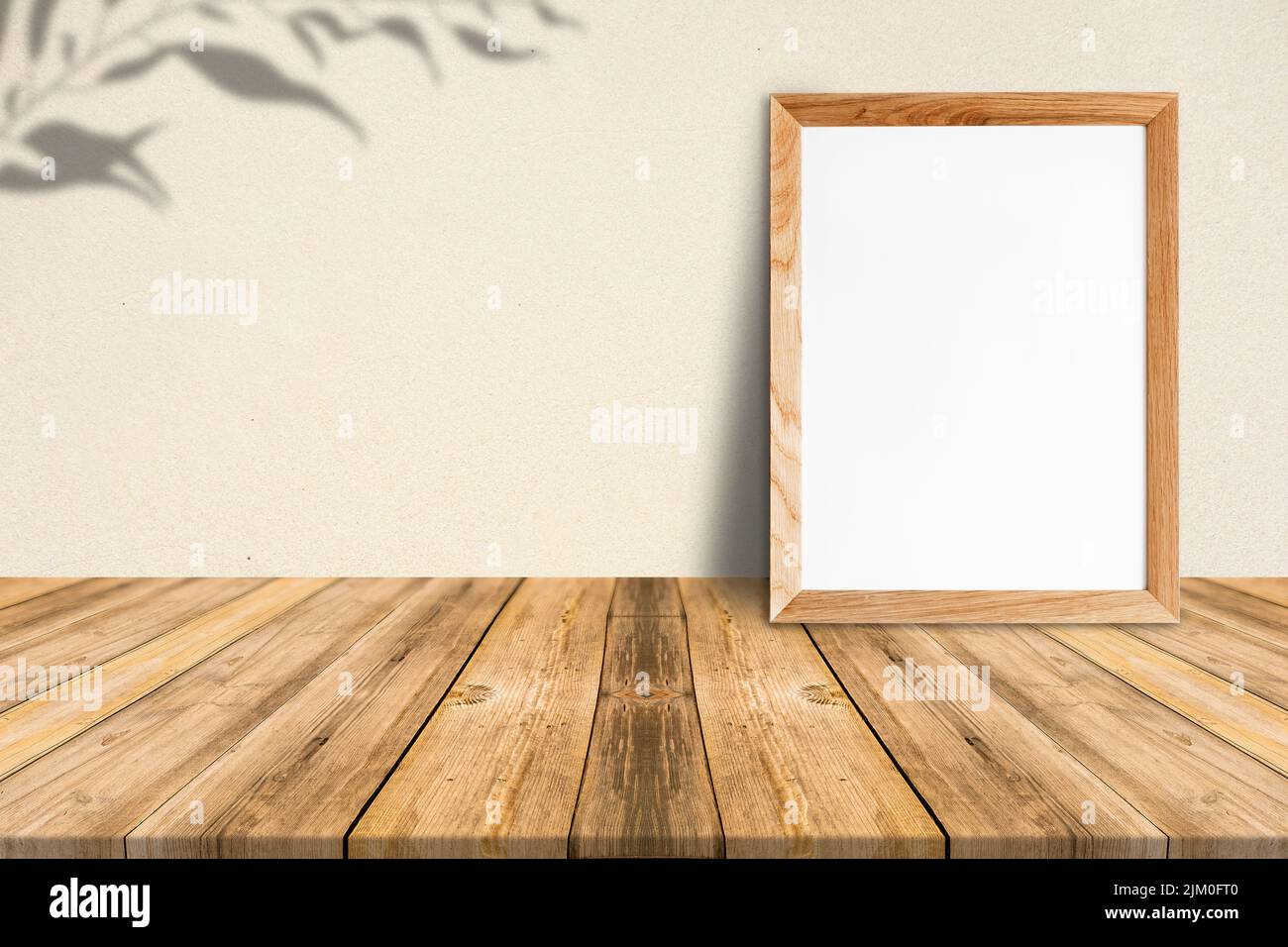 Blank wood frame on tropical wood floor and beige paper wall,template ...