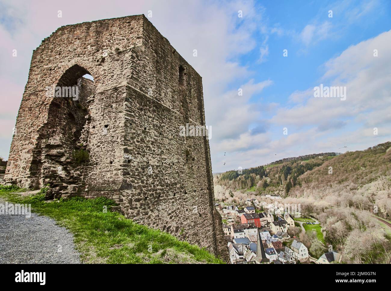 The ruins of an old castle in Lowenburg, Monreal, Eifel in Germany ...